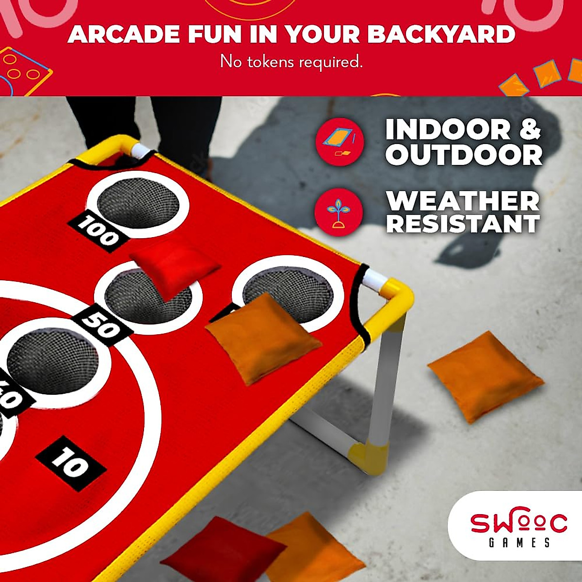 SWOOC Games - Coney Island Toss - Arcade Style Cornhole Board Set w/Carrying Case & 15+ Games - Corn Hole Games for Adults - Kids Bean Bag Toss Game - Kids Cornhole Set with Bags - Outdoor Yard Games