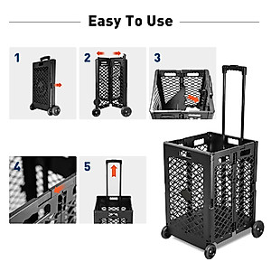 Endynino 3 PCS Foldable Rolling Crate with Wheels, Folding Heavy Duty Collapsible Basket with Telescopic Handle, 66 lbs Capacity Rolling Cart for Shopping,Travel, Laundry, Black, Large