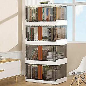 4 Packs 19Gal Plastic Storage Bins with Lids for Closet Organizers and Storage, Collapsible Folding Stackable Storage Box with Open Front Door, wheels for Office, School, Home Storage