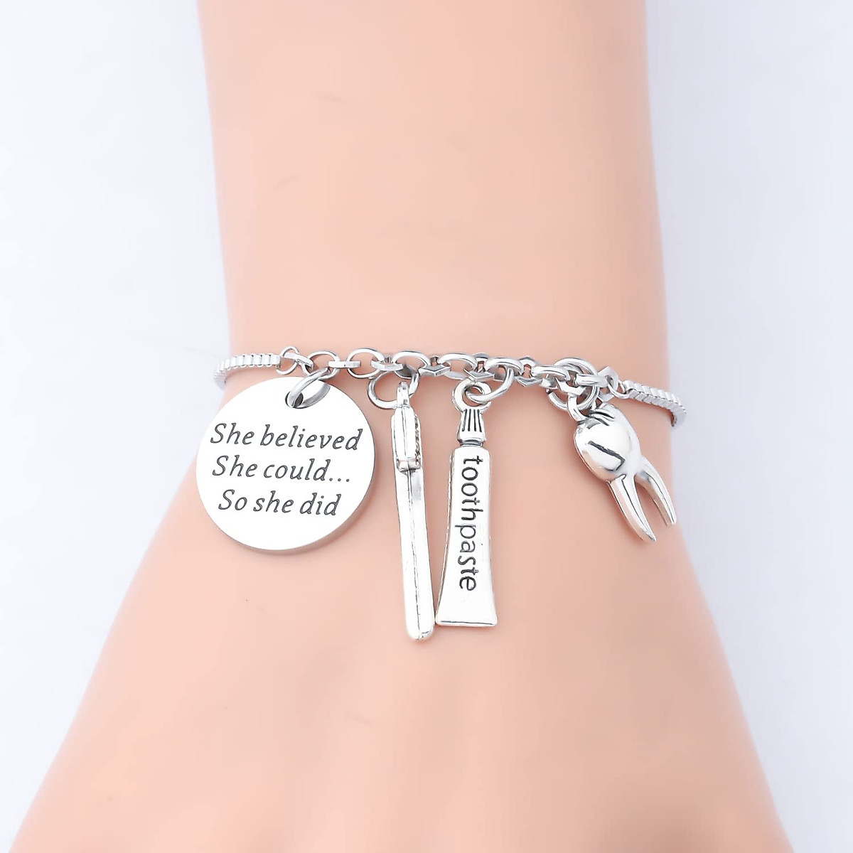PLITI Dentist Bracelet Dental Hygienist DA DH Graduation Gift She Believed She Could So She Did Bangle for Dental Assistant (she believed tooth bg)