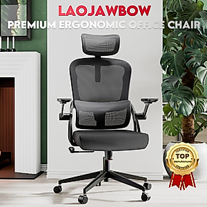 LaoJawBow Ergonomic Office Chair - 500LB Comfy Desk Chairs with Headrest and Lumbar Back Support, Heavy Duty Mesh Computer Chairs with Wheels and Arms for Home Office, Study, Bedroom and College Dorm