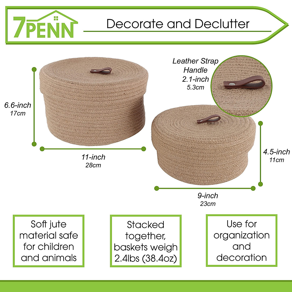 7Penn Jute Baskets - 2pc Round Decorative Natural Jute Rope Woven Storage Basket Set with Lids and Leather Tab Handle