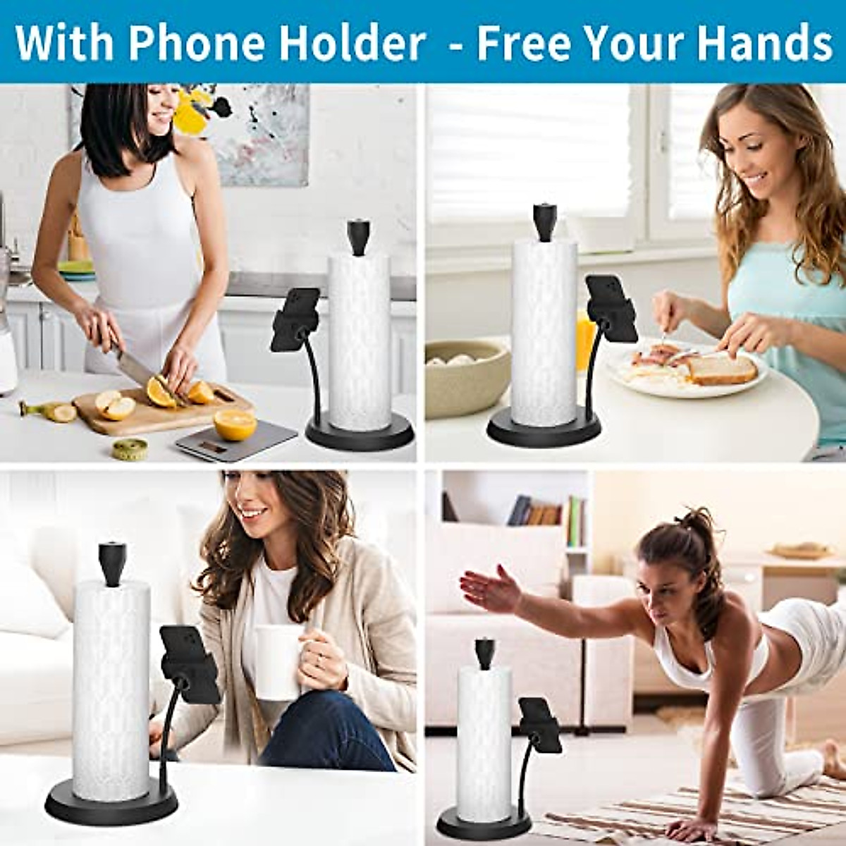 Multi-Function Black Paper Towel Holder Countertop with Phone Holder, Easy One Hand Tear Paper Towel Holder Stand with Weighted Base Spring Arm for Most Sizes Paper Roll for Kitchen Paper Towel Rack