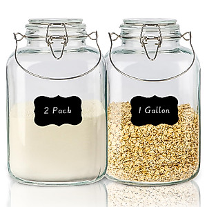 1 Gallon Airtight Glass Food Storage Jars Set of 2 with Lids, Extra Large Glass Storage Containers with Handle for Flour, Cereal, Coffee and Canning, Square Mason Jars with 8 Chalkboard Labels