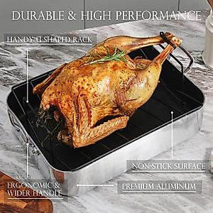 KITESSENSU Hard Anodized Nonstick Roasting Pan with Rack - 16 x 12 inch Aluminum Turkey Roaster Baking Pan for Oven - Oven Safe & Compatible with All Stovetops, Silver