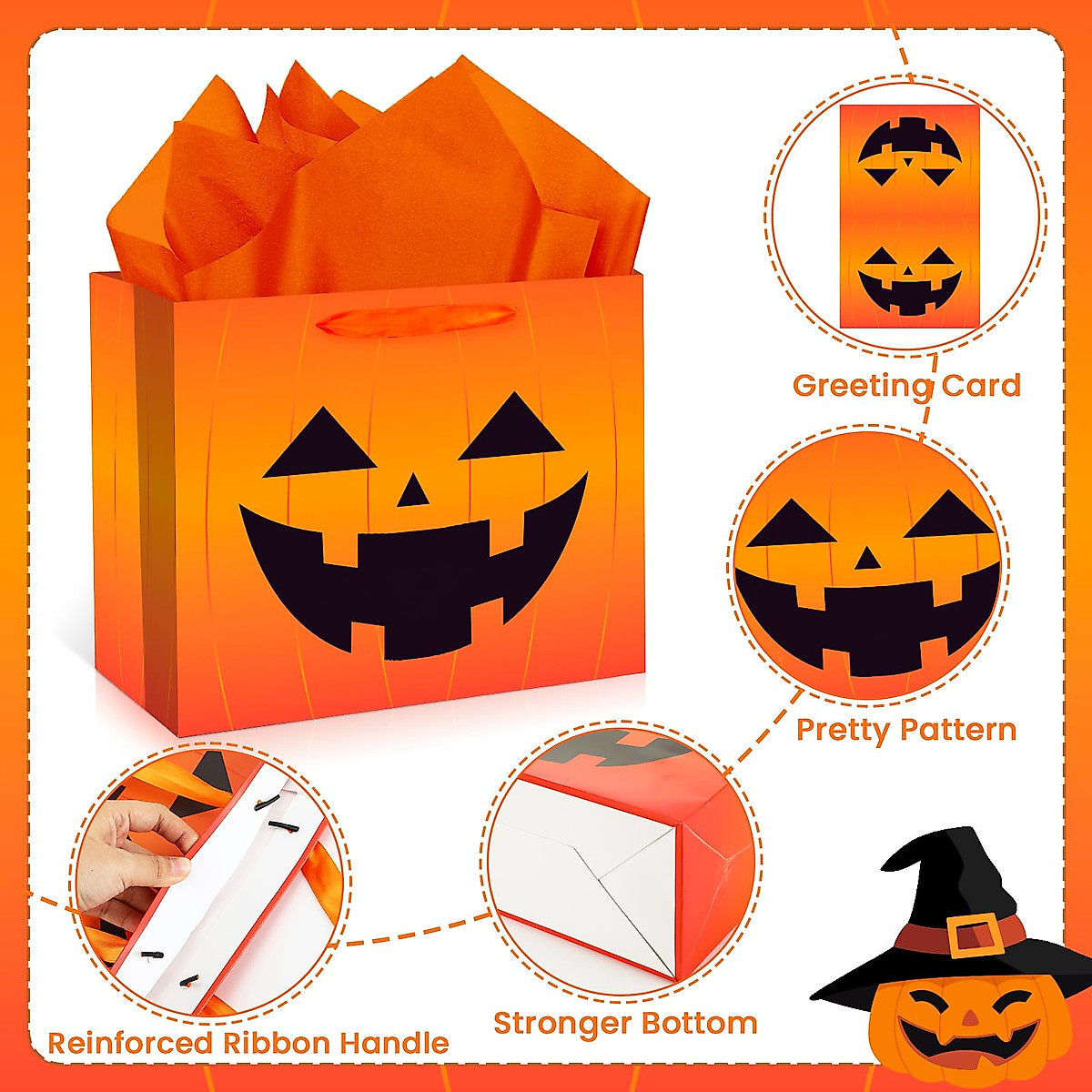 Large Orange Halloween Party Gifts Bags with Handles,Halloween Wrapping Tissue Paper with Greeting Card,Pumpkin Halloween Paper Bags Trick or Treat for Halloween Birthday Party Favors Gifts Supplies