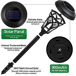 BEAU JARDIN 8 Pack Glass Solar Pathway Landscape Lights LED Stainless Steel Waterproof Bright Outdoor Garden with Stakes Auto On/Off Sun Powered Warm White Lighting Walkway Metal Pattern Black BG320