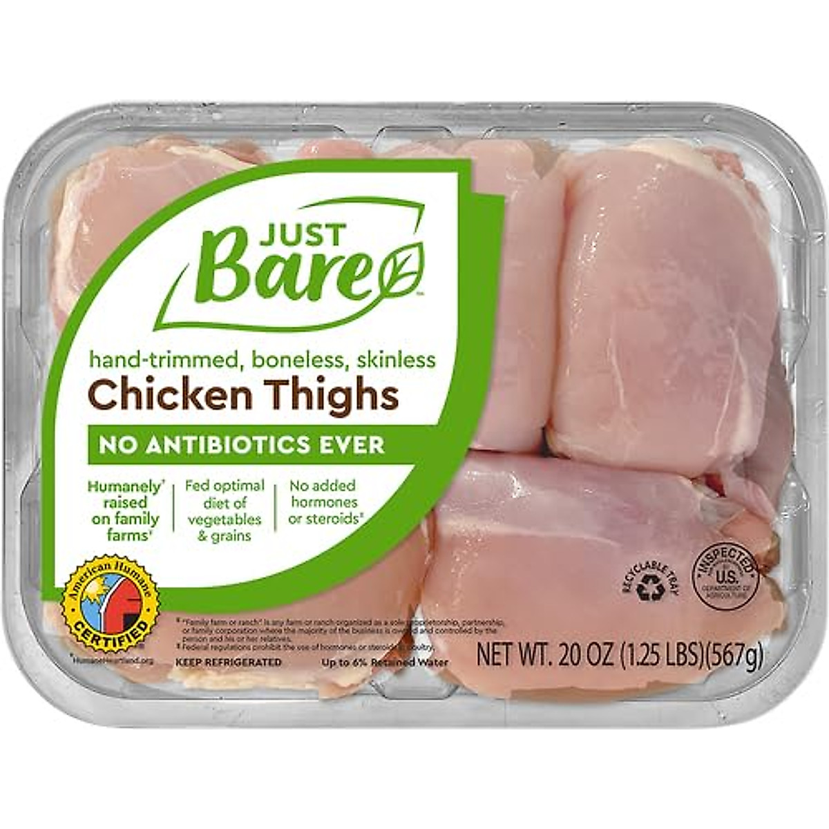 Just Bare Chicken Natural Fresh Chicken Thighs | No Antibiotics Ever | Boneless | Skinless | 1.25 LB