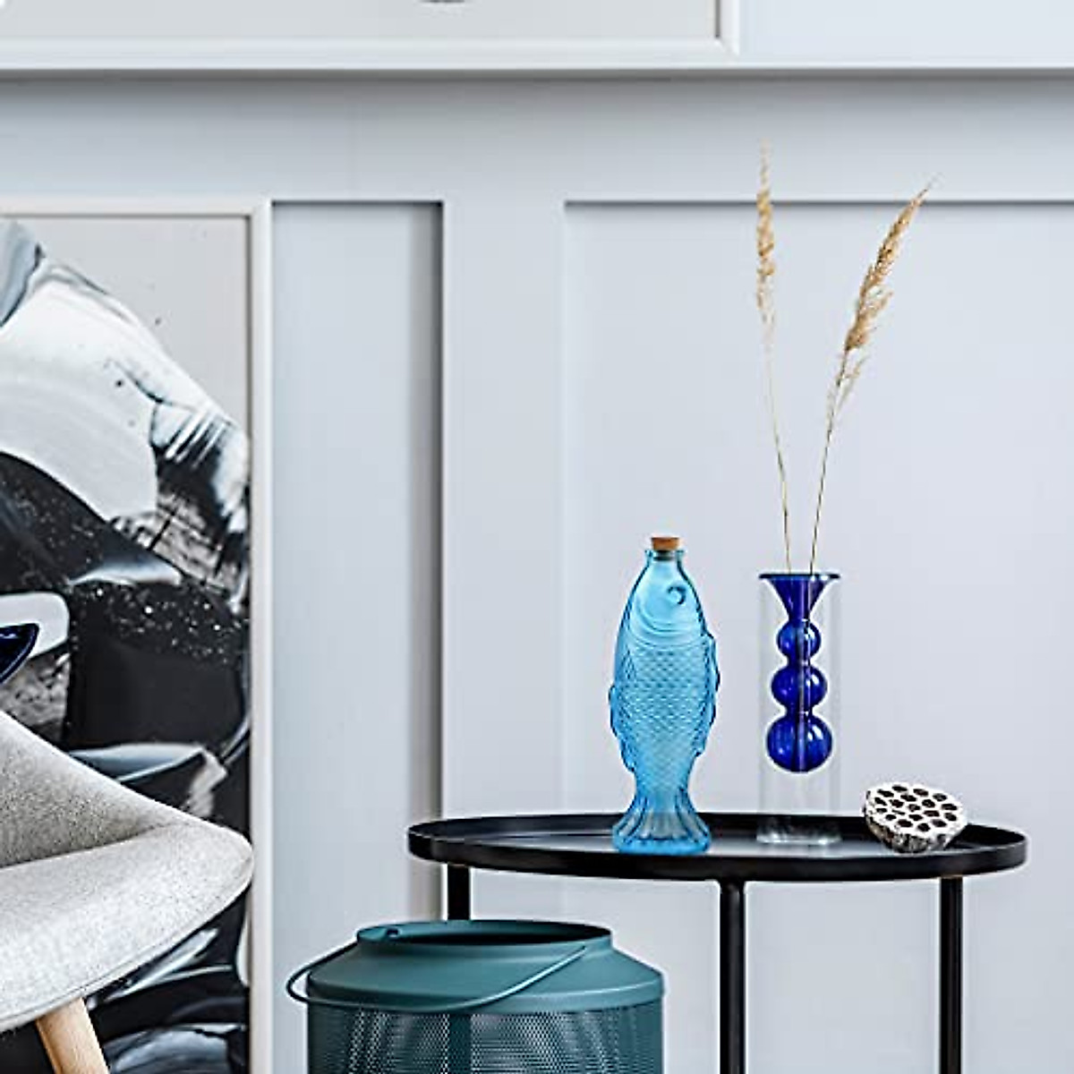 MDLUU 3-Pack Fish Shaped Glass Bottles, Decorative Bottles with Cork Stopper, Fish Decanters for Gift, Bar, Home Decor, Capacity 500ml/17.5oz (Blue)