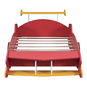 Linique Twin Size Race Car-Shaped Platform Bed with Wheels and Storage, Wood Twin Bed Frame No Box Spring Required, Red