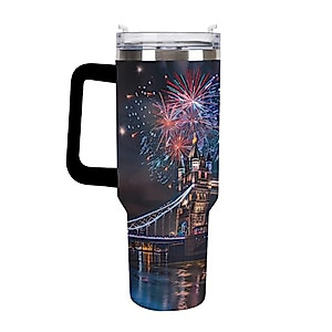Fireworks over The Tower Bridge London Britain UK 40OZ Tumbler Stainless Steel Travel Mug Water Bottle Car Cup Tea Cups with Lid Black-style