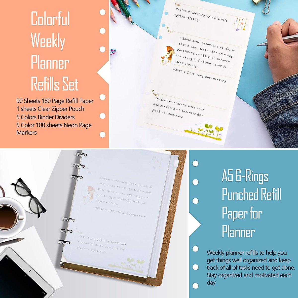 Rancco A5 Planner Inserts Weekly Planner Refills, 90 Pages Colorful 6-Ring Loose-leaf Paper Binder Inserts w/Divider, PVC Pouch, Ruler, Index Tab for Journal, Filofax, Double-sided, Undated, 8.3x5.6"
