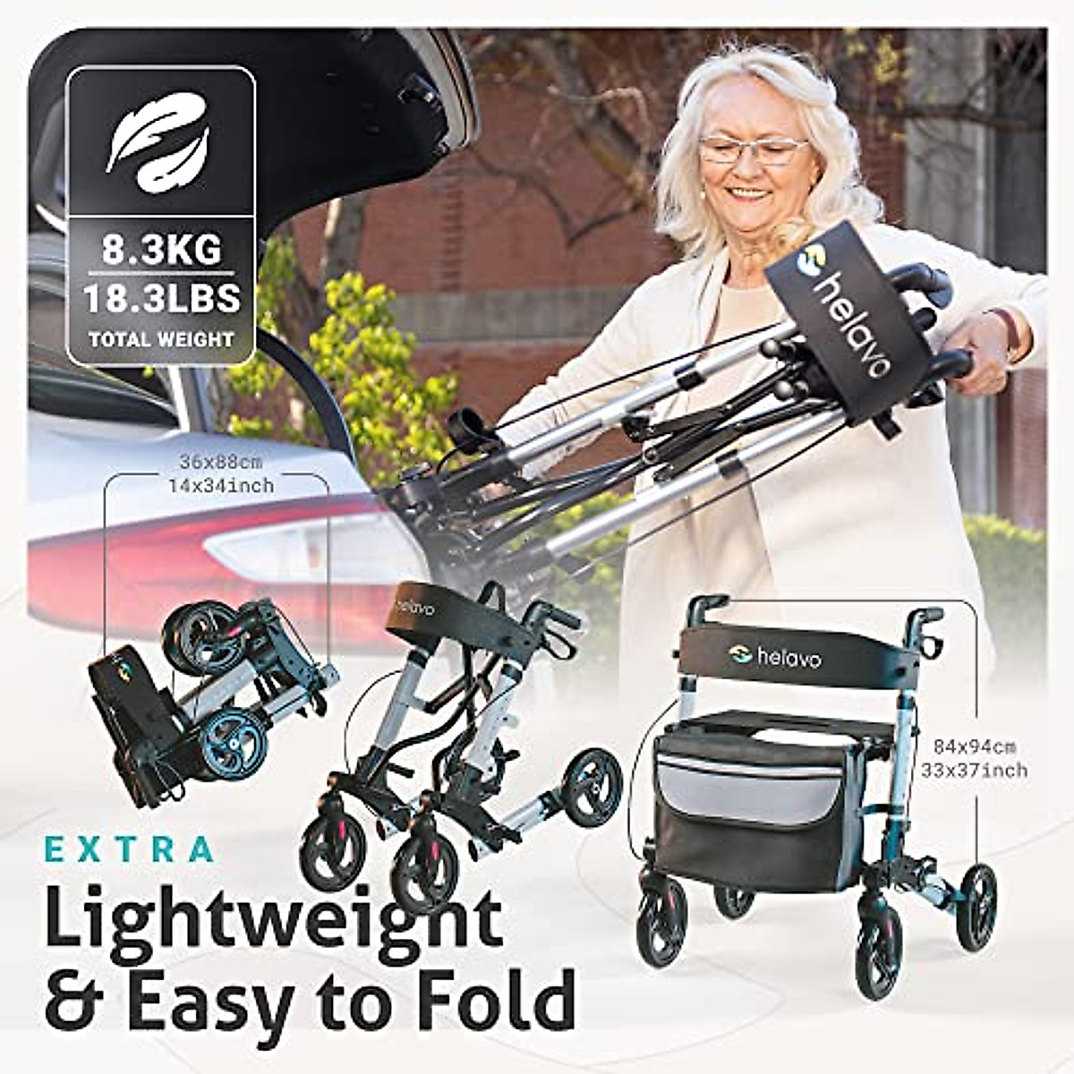 Helavo Foldable Rollator with Seat - Lightweight Aluminum Rolling Walker for Seniors and Adults