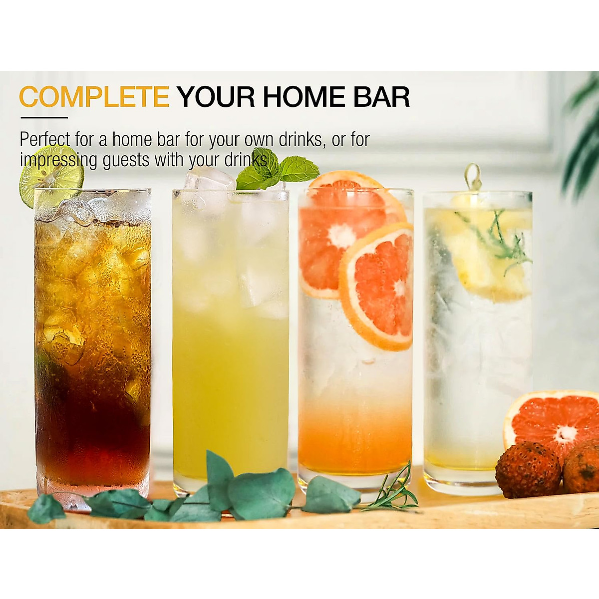 LUNA & MANTHA Highball Glasses Set of 4, 13oz Drinking Glasses Lead-Free Crystal Tall Water Glasses for Mojito, Tom Collins, Iced Tea, Gin & Tonics, Home Bar, Birthdays, Housewarming Gift, Clear