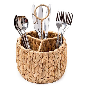 KOLWOVEN Wicker Flatware Organizer, Kitchen Utensil Holder for Countertop, Silverware Caddy Natural Woven Flatware Caddy with 3 Compartments, Cooking Utensil Organizer