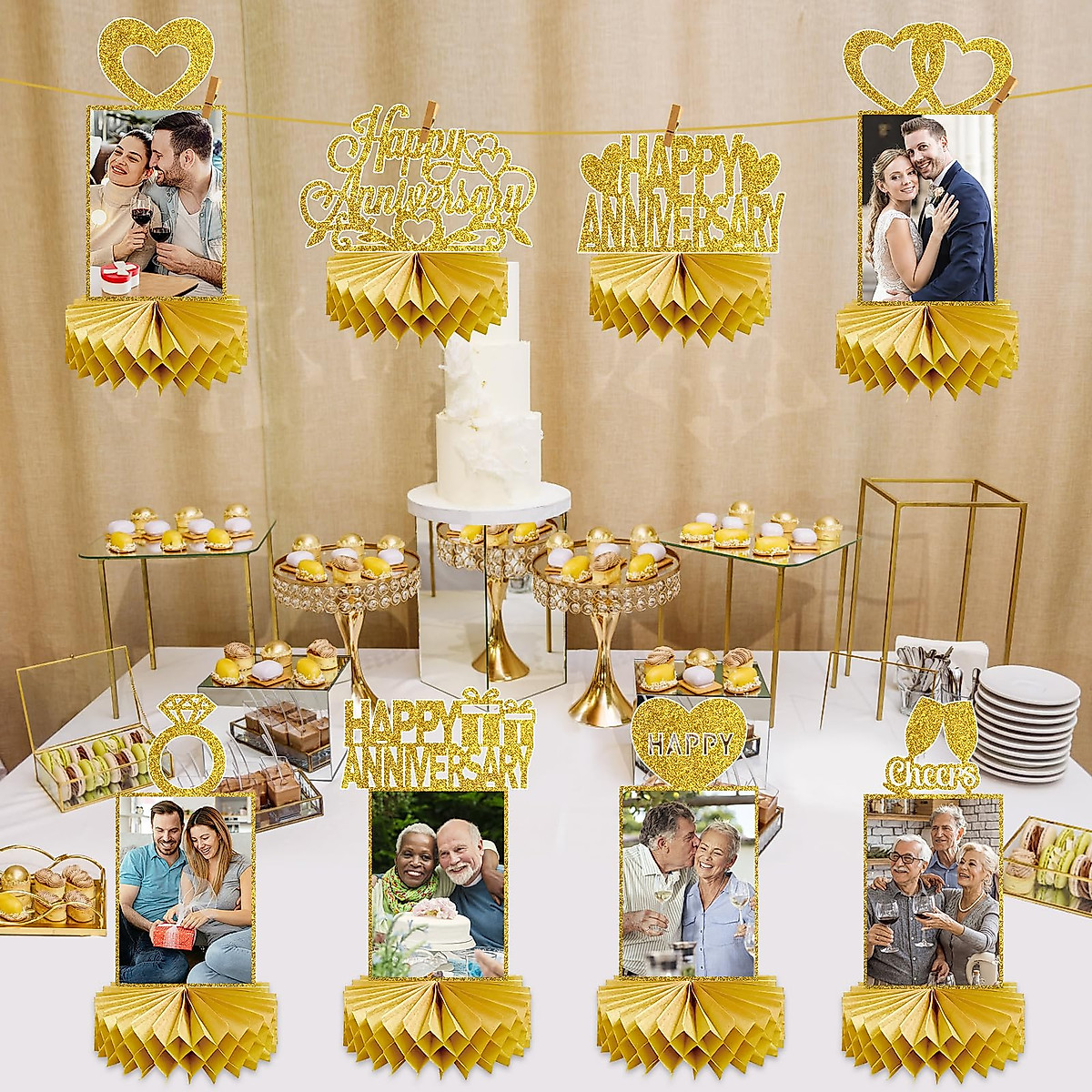 Eucutur 8Pcs Gold Happy Wedding Anniversary Decorations Honeycomb Centerpiece, Gold Glitter Anniversary Photo Table Centerpiece Party Supplies, 25th 30th 40th 50th 60th Gold Anniversary Table Topper