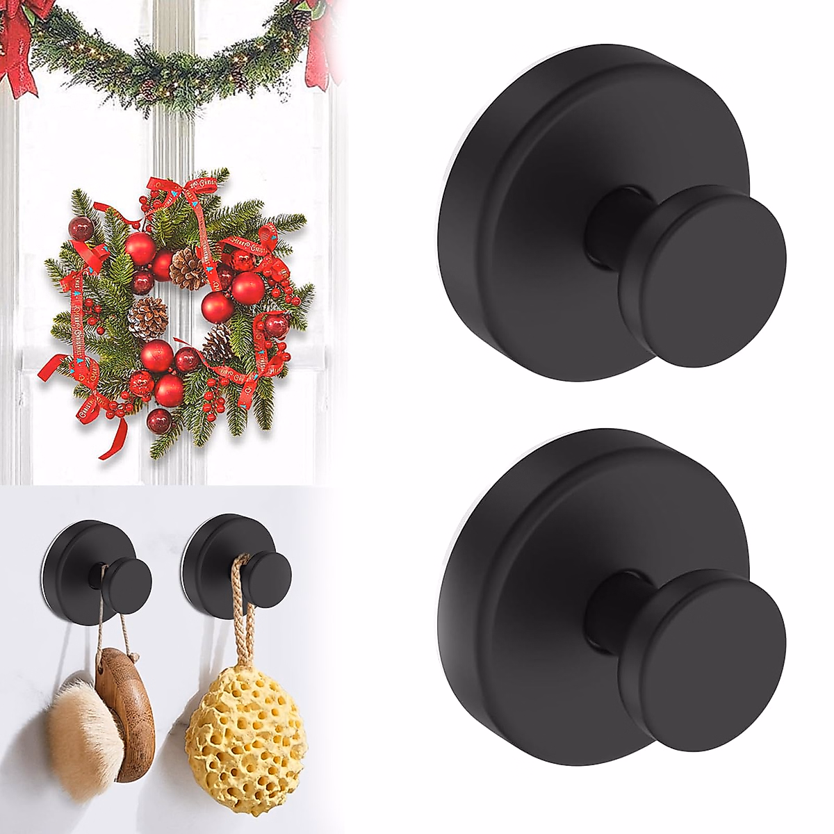 2 Pack Suction Cup Hooks for Wreaths on Glass Window Stainless Steel Shower Hooks Waterproof for Hanging Towels Loofah Robe Coat Mounting on Bathroom Glass Shower Door Mirror Tile Wall (Matte Black)