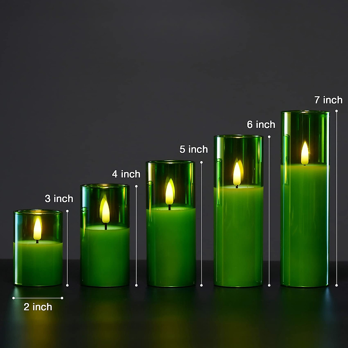Girimax Green Glass Flameless Candles with Remote, Flickering LED Votive Pillar Candles Battery Operated Slim Tall Candles Φ 2" H 3" 4" 5" 6" 7"
