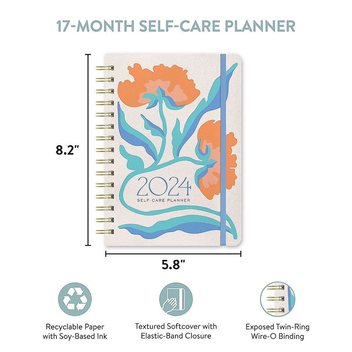 Orange Circle Studio 2024 Self Care Planner, Gratitude Journal, Spiral Notebook with Wellness Tracker, 17-Month Wire-O Bound Calendar Book, Monthly and Weekly Spread Views, Floral Flow
