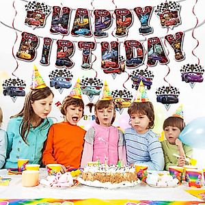 Cars Birthday Decorations Include Swirls Of Hanging Cartoon Cars And Happy Birthday Baby Banners, As Well As Party Favors For Children.