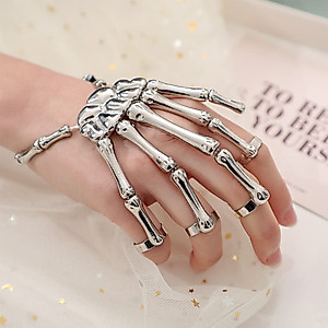 YERTTER Halloween Skull Skeleton Hand Bracelet with Ring Handmade Wristband Skull Fingers Metal Hand Bracelet Adjustable for Women Men Gifts (Silver)