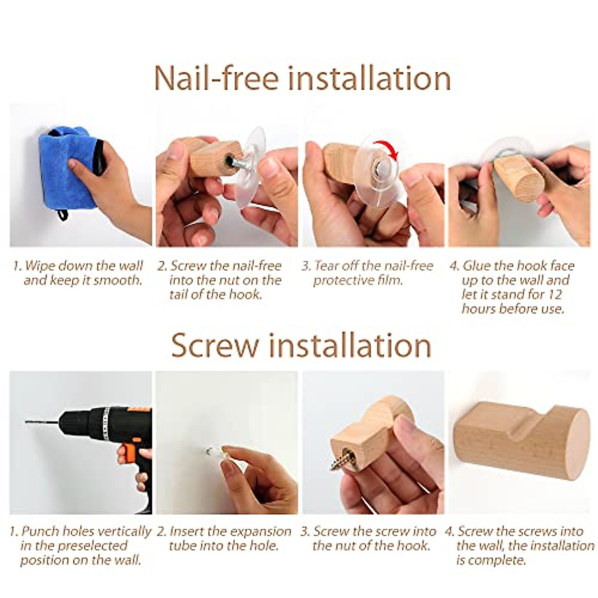 HOURUNTAIL 8 Pack Wood Wall Hooks,Coat Hooks Wall Mounted Rustic Wooden Hooks Heavy Duty Robe Hook Hat Rack Hooks for Hanging Bathroom Towels Clothes Hanger (Wood 8PCS)