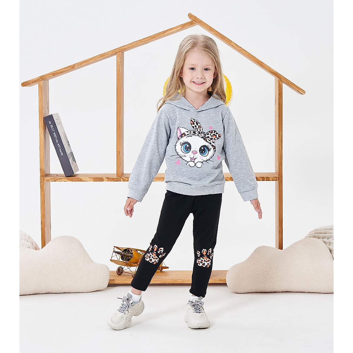 Axumity Toddler Girl Clothes Cat Print Pullover Sweatshirt + Leopard Print Pant 2-Piece Kid Girl Fall Winter Pants Set(4-5T)