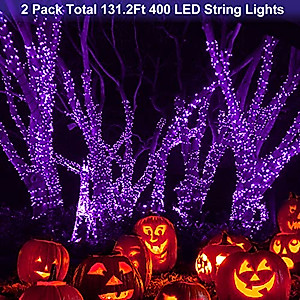 2 Set Halloween Lights Decorations, Total 400LED/131.2Ft Timer 8 Modes Remote Waterproof Battery Box Copper Fairy String Lights Halloween Decor Indoor Outdoor Garden, 200LED/65.6Ft Each (Purple)