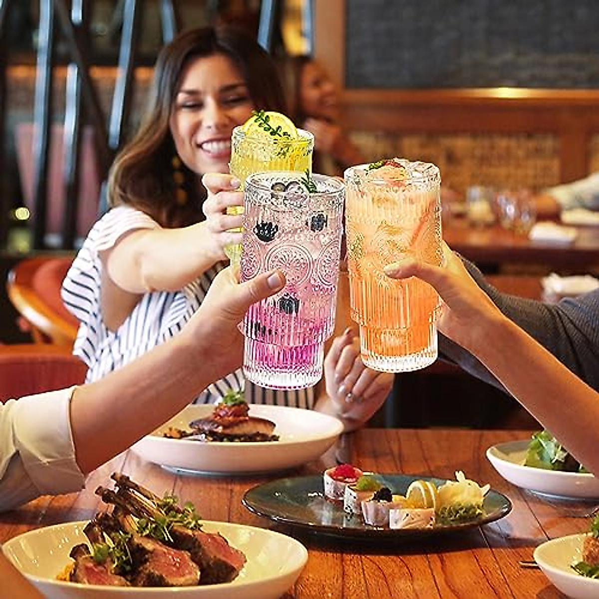 SoulTimes 4 Pack Large 16oz Ribbed Glassware Set, Flower Design Stackable Glass Cups, Vintage Textured Clear Striped Drinking Glasses Set, for Bar Beverages,Juice,Water,Cocktail,Iced Coffee