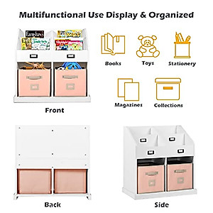 2 in 1 Bookshelf, Wood Display Bookcase and Storage Organizer, 2 Storage Boxes, Free Standing Book Rack for Home Office Bedroom Living Room Reading Nook, Pink