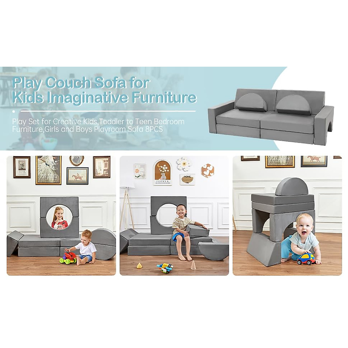 LEZASTAR Modular Kids Play Couch, Play Couch Sofa for Kids,Kids Modular Couch for Bedroom Playroom, Kids Couch Building Fort for Boys and Girls, Grey