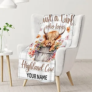 Custom Highland Cow Blanket with Name for Kids, Aldults - Soft, Fuzzy & Cozy - 50"x60" Throw Size Blankets for Sofa, Work - White Cute Warm Throw Blankets Gifts