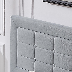 VECELO Twin Size Bed Frame with Adjustable Headboard, Upholstered Button Tufted Platform Bedframe with Wood Slats Support, No Box Spring Needed, Moon Grey