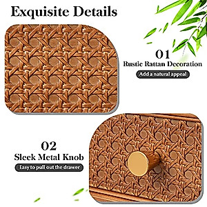 Giantex Rattan Nightstand Set of 2, Boho End Side Table with Rattan Decorated Storage Drawer & Solid Wood Legs, Mid-Century Modern Bedside Table for Bedroom Small Space, Easy Assembly, Black