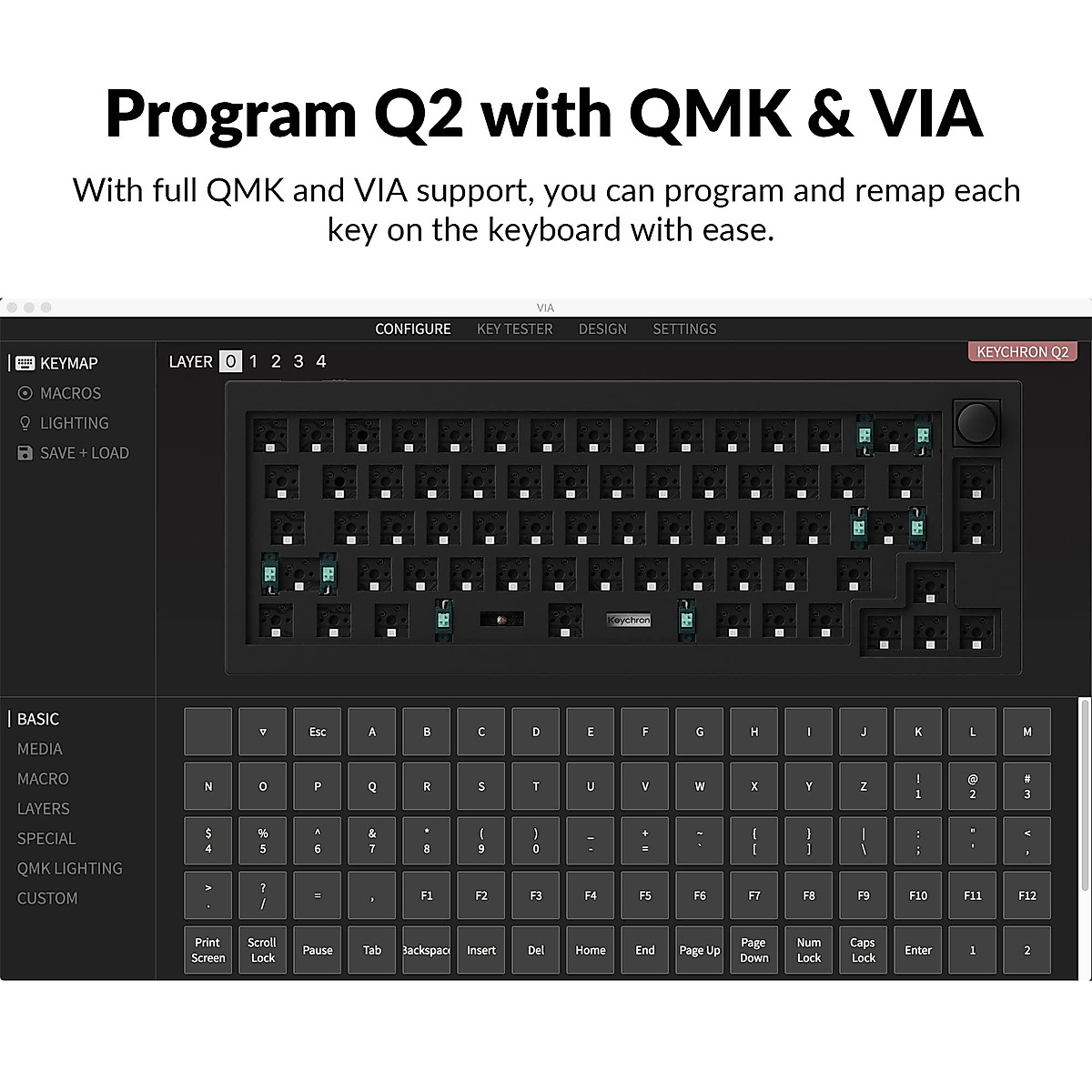 Keychron Q2 Wired Custom Mechanical Keyboard Barebone Knob Version, QMK/VIA Programmable Macro, Compatible with Mac Windows Linux, Hot-Swappable 65% Layout, Double-Gasket DIY Kit - Blue