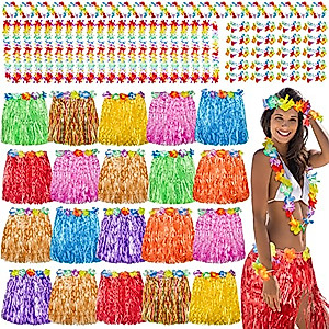 20 Pieces Grass Skirts Hawaiian Hula Skirts with 20 Garland Tropical with 40 Garland Wristbands with 20 Summer Beach Headband Leis Luau Party Favor Summer Beach Vacation Costume Set for Women Kids
