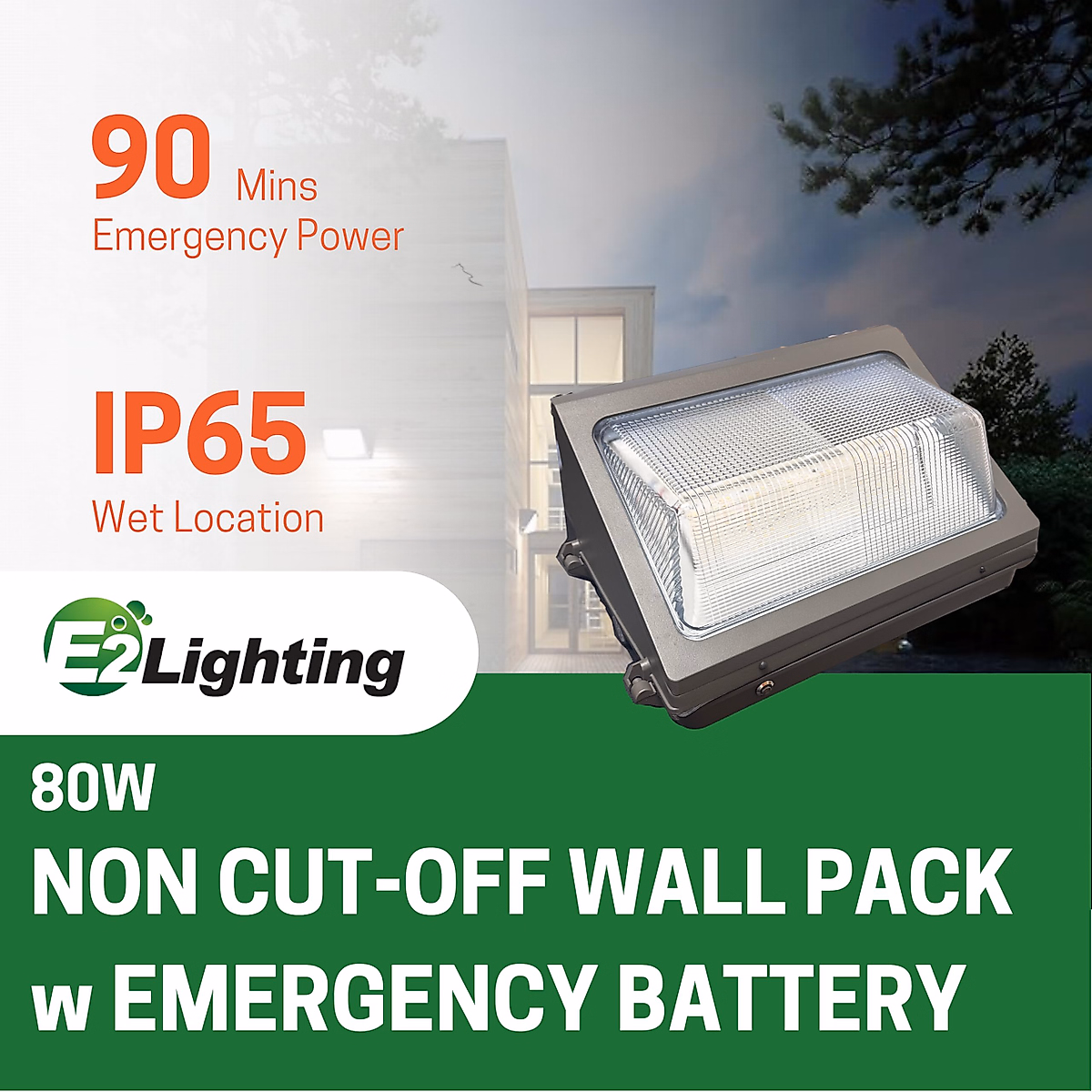 E2 Lighting Non Cut Off LED Wall Pack 80 watts with Emergency Battery Backup and photocell / E2WP80W27V50K-E, RoHs Compliant UL and DLC Certified LED Wall Packs Commercial, 5 Year Warranty