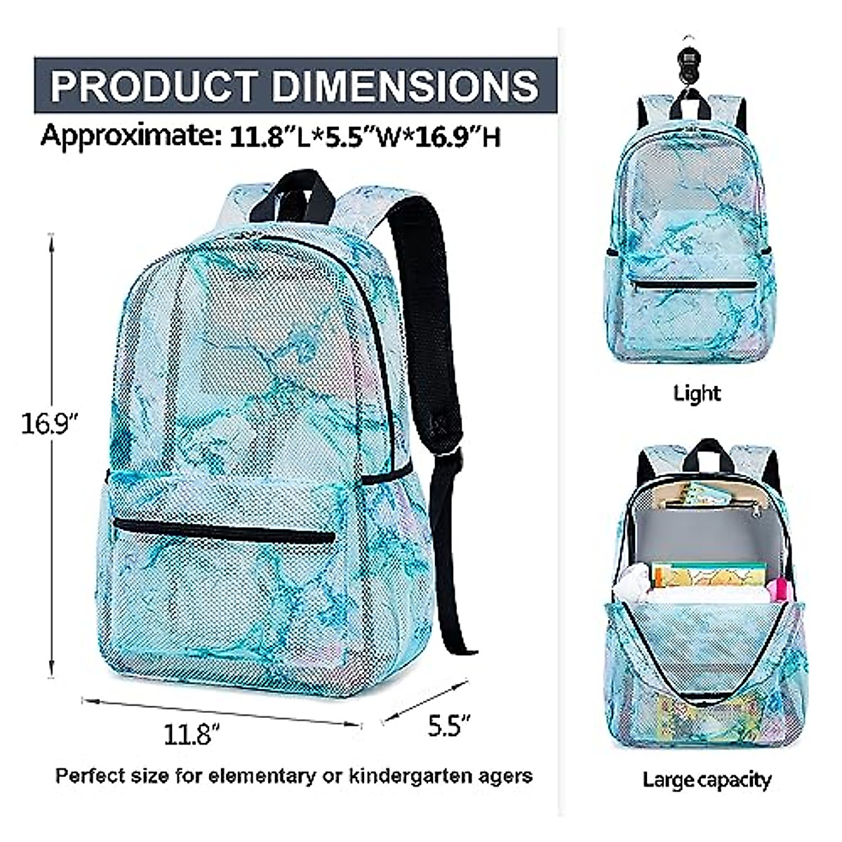 LEDAOU Mesh Backpack for Kids Girls Semi-Transparent Mesh School Backpack Bookbag Lightweight Casual Daypacks for Beach Gym(Marble Purple Blue Green)