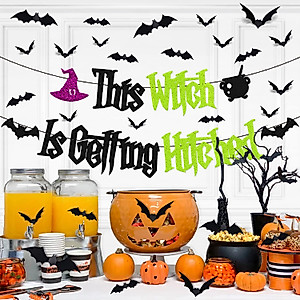 This Witches is Getting Hitched Banner with 32 PCS 3D Bats Props Decoration for Halloween Bachelorette Bachelor Engagement Wedding Bridal Shower Hallows Celebration Anniversary Party Decor Supplies