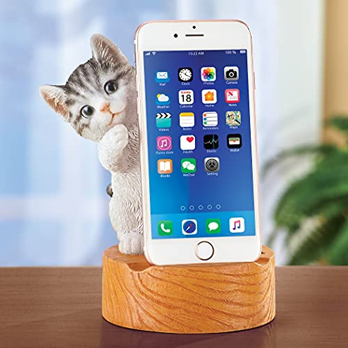 Collections Etc Peeking Cat Wood-Style Base Mobile Phone Holder Stand