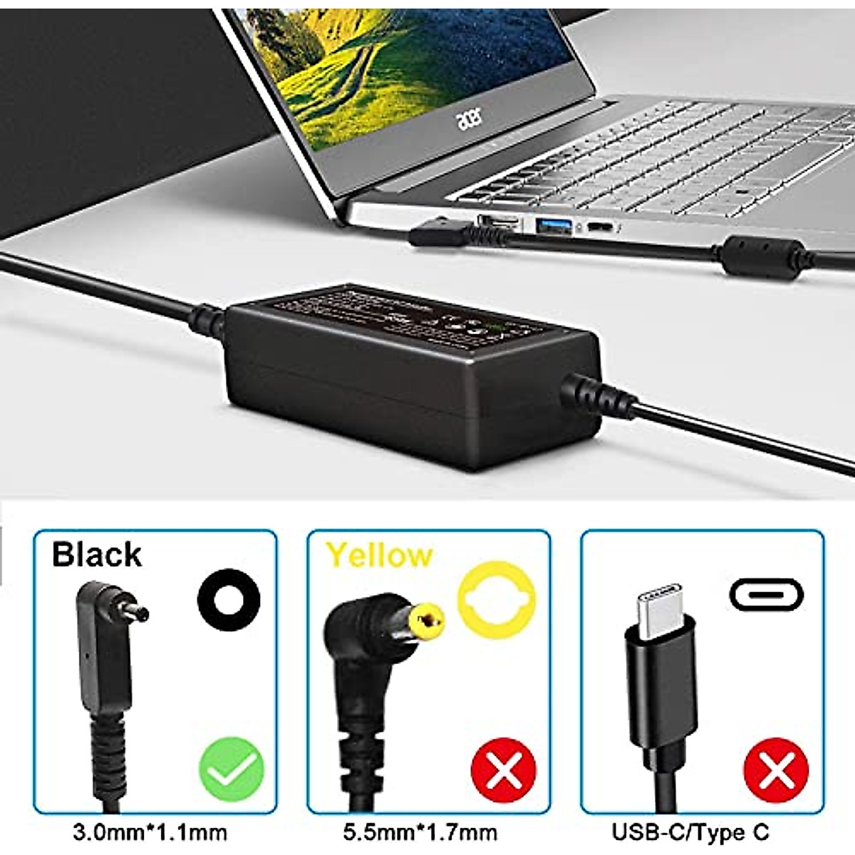 65W AC Power Adapter Charger for Acer Chromebook 11 13 14 15 R11 CB3-131-C3SZ CB3-431 CB3-532 CB5 CB5-132T C730E-C4BA C720 C720P C740 Aspire One AO1-131-C7DW C9PM A13-045N2A N15Q9 N15Q8 N16P1