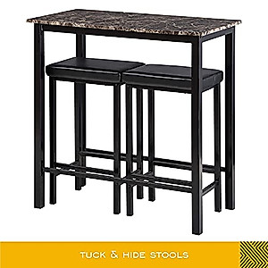 HOMURY 3-Piece Pub Bar Table Set for 2, Faux Marble Tavern Set Breakfast Nook Dining Table Set with 2 Faux Leather Backless Stools, 35.4" W X 19.7" D X 37.4" H