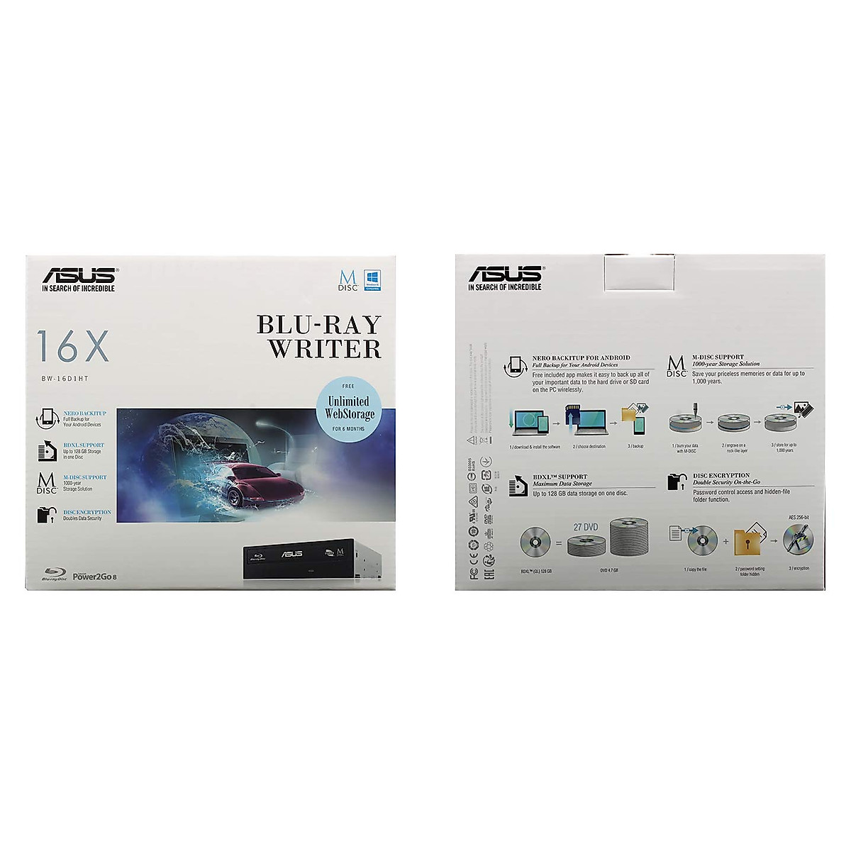 ASUS 16x BW-16D1HT Internal Blu-ray Burner Drive Bundle with 3 Pack M-DISC BD and Cable Accessories (Supports BDXL and M-DISC, Retail Box)
