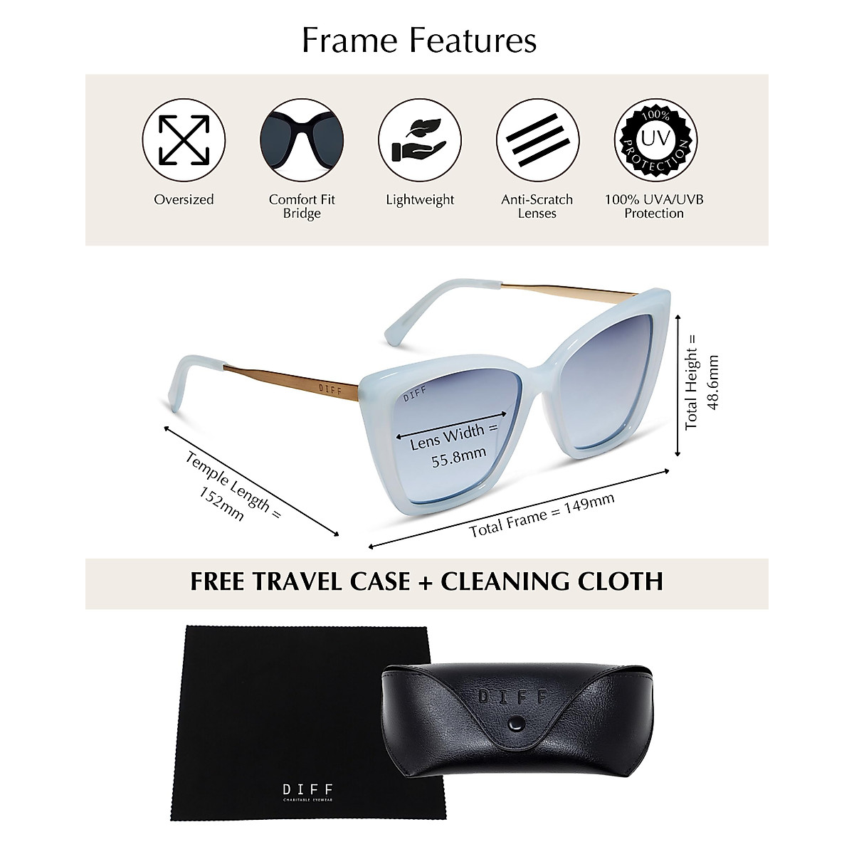 DIFF Becky II Designer Oversized Cat Eye Sunglasses for Women UV400 Protection, Blue Dust + Blue Gradient Flash