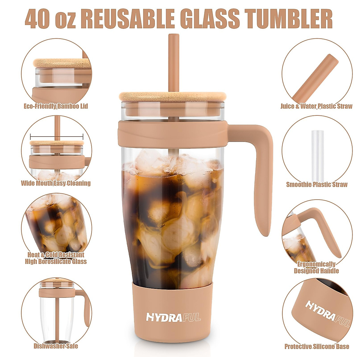 Hydraful 40 oz Glass Tumbler with Handle, Reusable Glass Tumbler with Straw and Lid, BPA Free Clear Glass Tumbler with Bamboo Lid, Fits In Cup Holder, Dishwasher Safe, Amber
