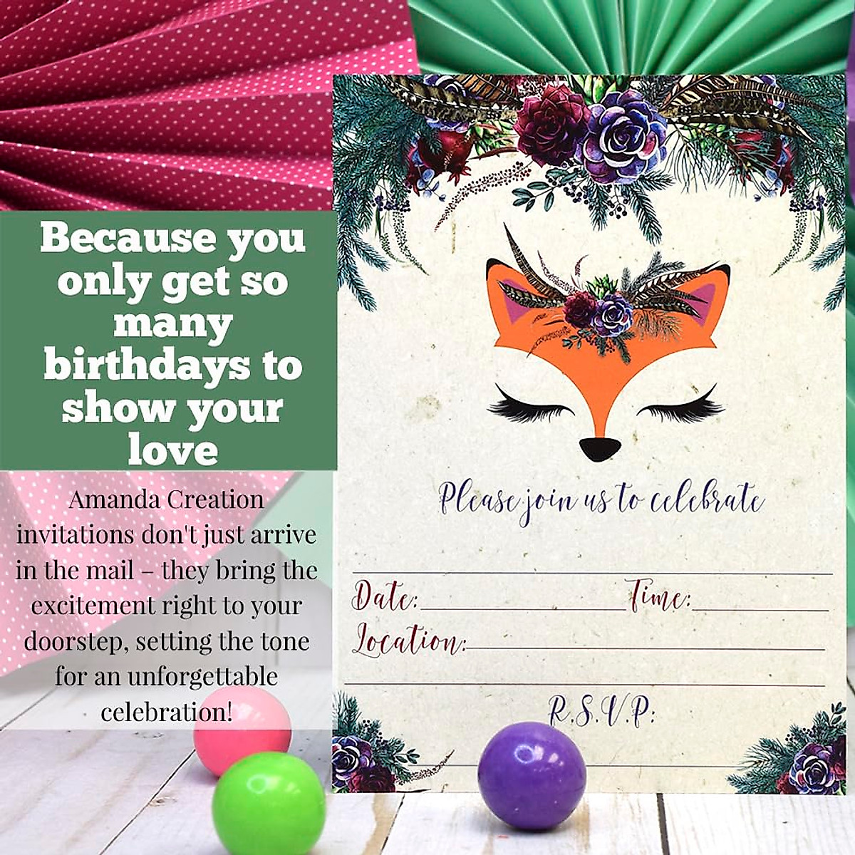 Woodland Forest Fox Face Floral With Greenery Birthday Party Invitations, 20 5x7 Fill In Cards with Twenty White Envelopes by AmandaCreation