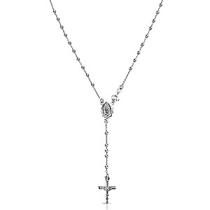 Savlano 925 Sterling Silver Italian Solid Bead Chain Cross & Rosary Virgin Mary Pendant Y Necklace Comes With Gift Box for Women - Made in Italy (20, 3mm)