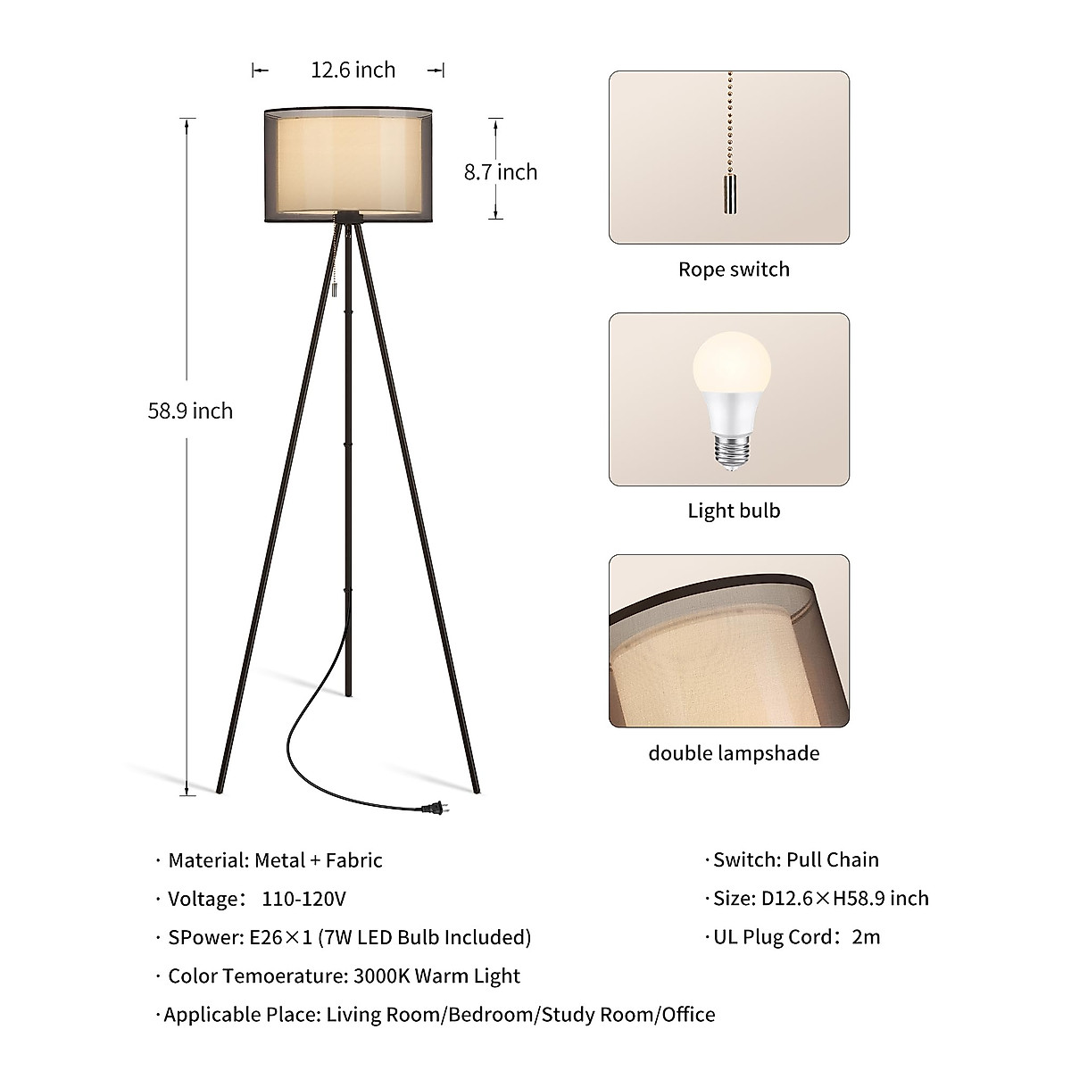 KDG Modern Floor Lamp for Living Room, Tall Tripod Floor Lamp Corner Lighting, Fabric Lampshade LED Bulb Bright Pole Light, High Light for Bedroom, Reading, Office, Study Room, Warm Light(Black)