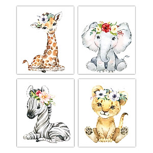 Designs by Maria Inc Set of 4 UNFRAMED Flower Crown WaterColor Animal Print Pictures | Baby Nursery Decor | Zoo Animals Pictures | Safari Room Decor For Babies | Nursery Art Safari Wall Decor (8"x10")