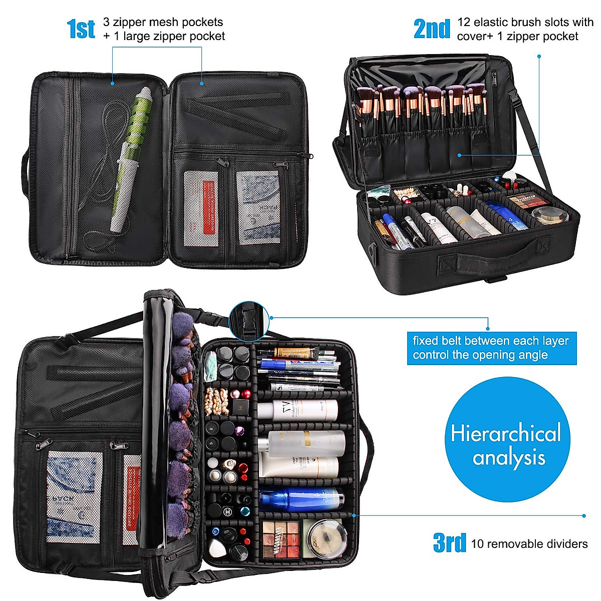 Relavel Makeup Bag Travel Makeup Train Case Large Cosmetic Case Professional Portable Makeup Brush Holder Organizer and Storage with Adjustable Dividers (black L)